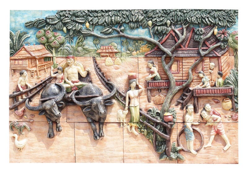 Thai Culture Stone Carving on Temple Wall Stock Photo - Image of ...