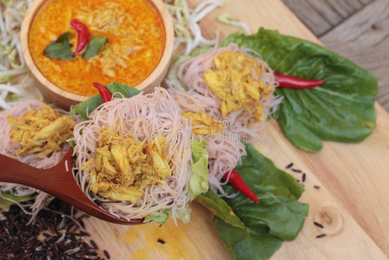 Thai Curry with Riceberry Rice Noodle . Stock Photo - Image of meat ...