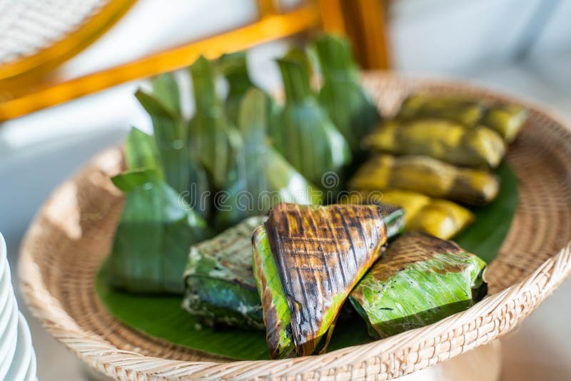 Thai Dessert Grilled Sticky Rice Wrap with Banana Leaf Stock Image ...