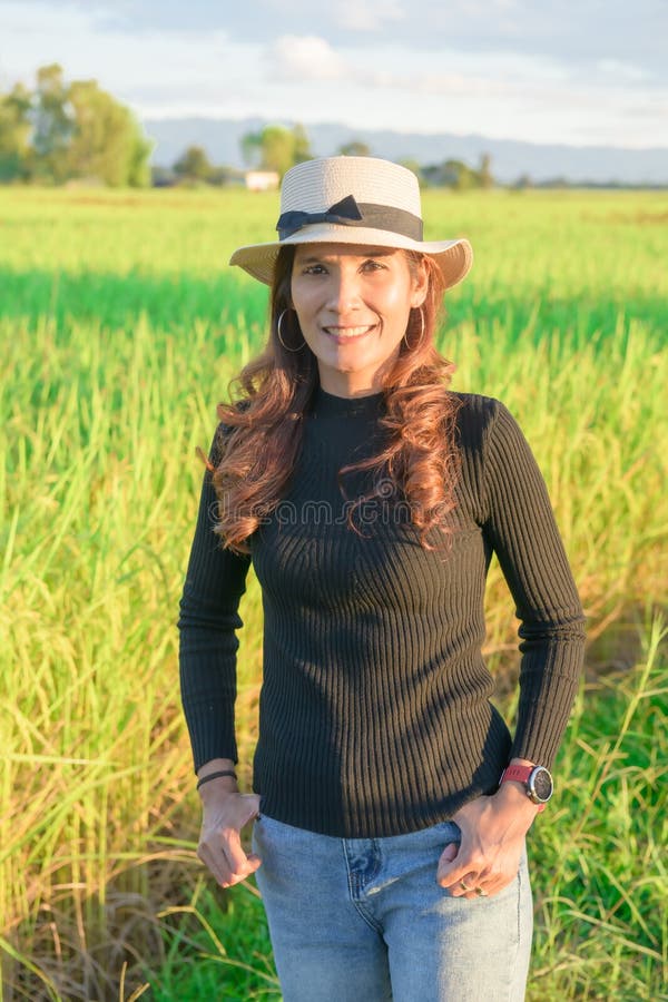 Thai Female with Rice Field Background Stock Photo - Image of ...