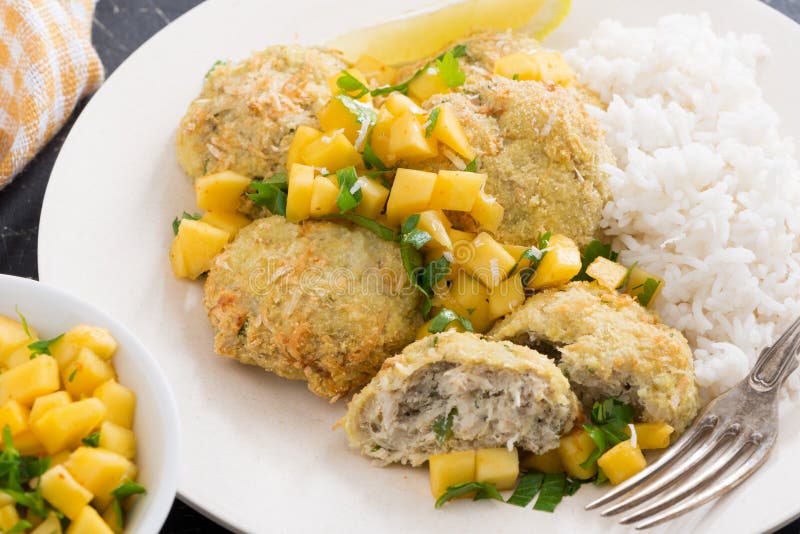 Thai Fish Cakes With Mango Salsa And White Rice Stock Photo - Image of ...