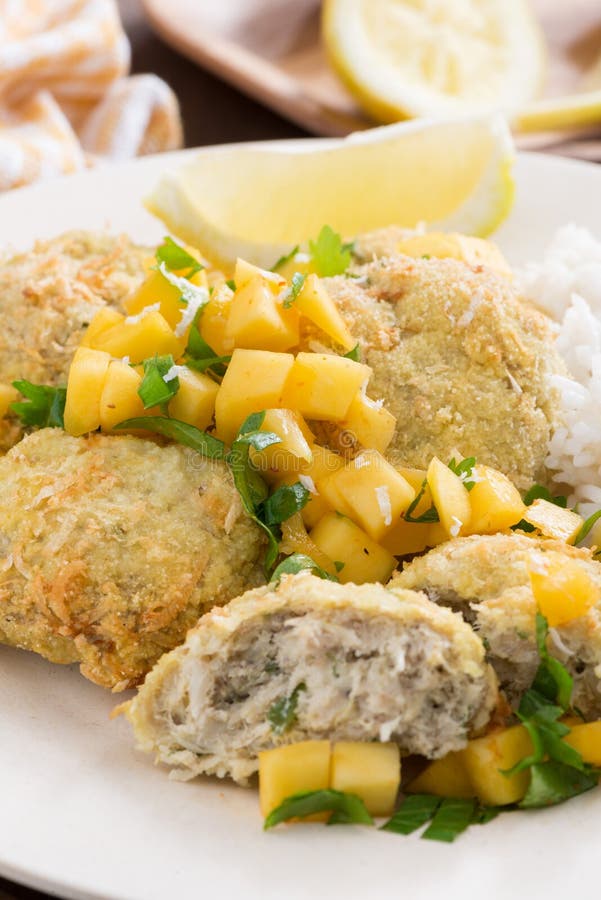 Thai Fish Cakes with Mango Salsa and Rice, Selective Focus Stock Image ...