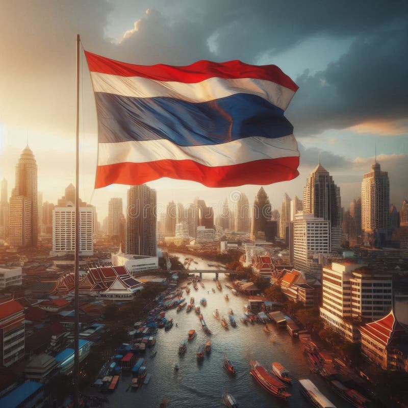 Thai Flag Flying in the Air, Highlighting the Red, White, and Blue ...
