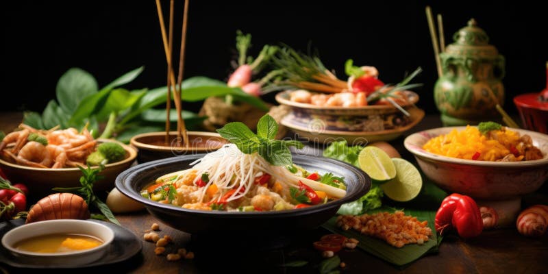 Thai Food Background. Dishes of Thai Cuisine Stock Image - Image of ...