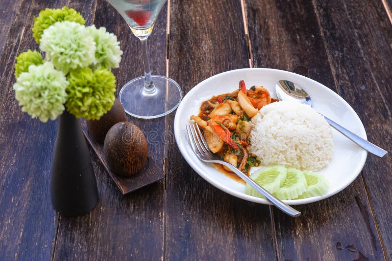 Thai Food Basil Fried Rice on Table Stock Photo - Image of spicy, sauce ...