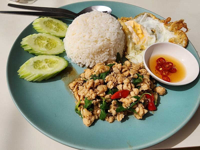 Thai Food Dish Pat Krapao with Chicken and Fried Egg Stock Photo ...