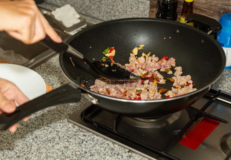 Thai Food Fried Pork and Herb in the Pan Stock Image - Image of pork ...