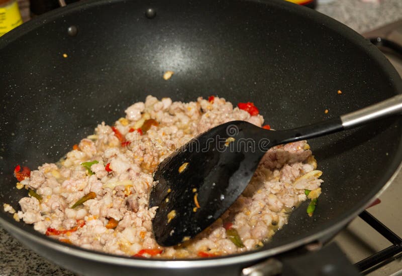 Thai Food Fried Pork and Herb in the Pan Stock Image - Image of garlic ...