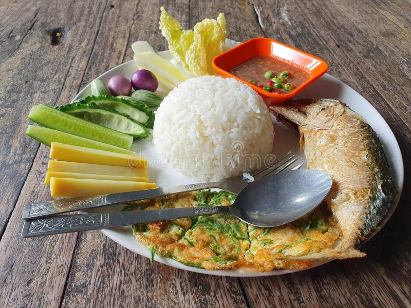 Thai Food, Mackerel Chili Paste with Rice and Boiled Vegetables Stock ...