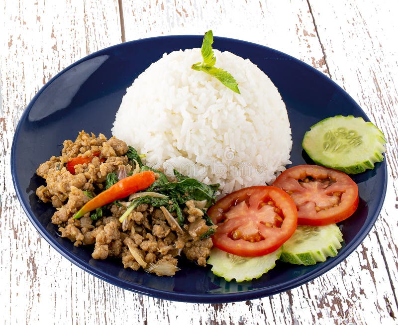 Thai Food Rice Topped with Stir-fried Pork and Basil Stock Photo ...