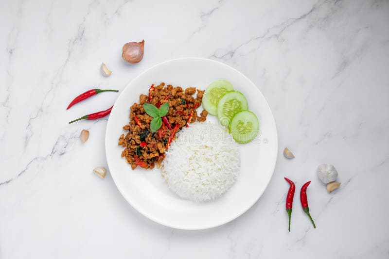 Thai Food of Spicy Thai Style Fried Basil on White Table., Asian Food ...