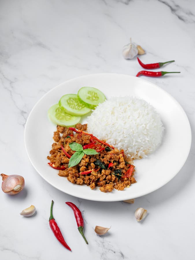 Thai Food of Spicy Thai Style Fried Basil on White Table., Asian Food ...