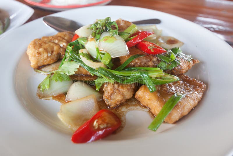 Thai Food, Stir Fried Fish with Chili and Onion. Stock Photo - Image of ...