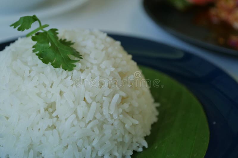 Thai Food, White Cooked Rice Above Banana Leaf Stock Image - Image of ...