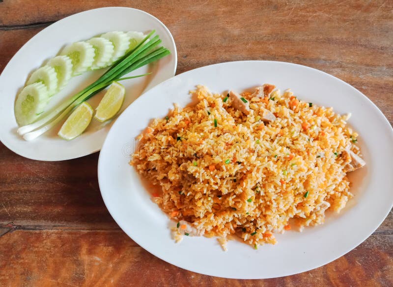 Thai Fried Rice with Spring Onion and Cucumber Stock Image - Image of ...