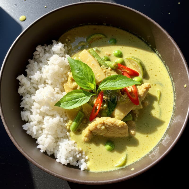 Thai Green Curry with Chicken and Rice in a Dark Bowl Stock ...