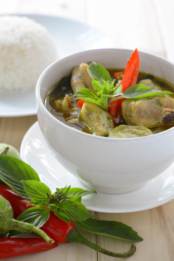 Thai green curry and rice stock photo. Image of leaf - 61769424