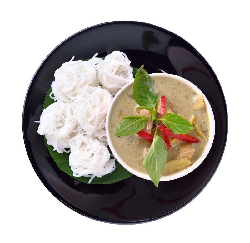 Thai Green Curry and Rice Noodles Served on White Dish Stock Photo ...