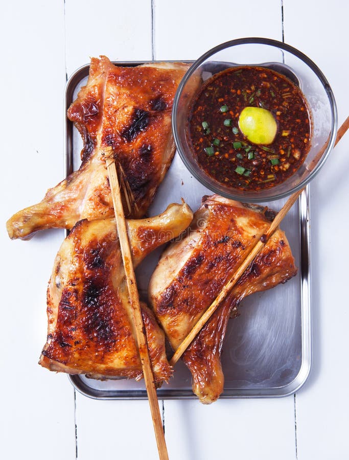 Thai Grilled Chicken with Spicy Sauce on Tray Stock Image - Image of ...