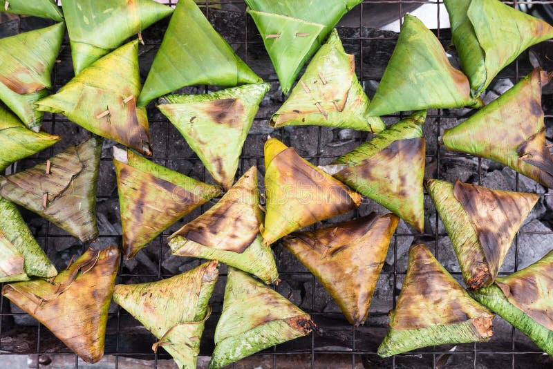 Thai Grilled Sticky Rice on a Grilled, Thai Dessert. Stock Photo ...