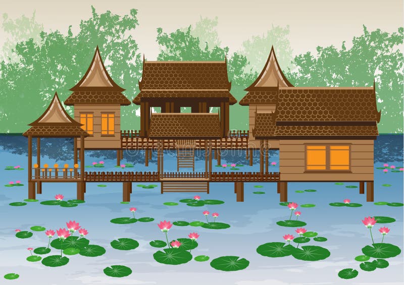 Thai house in lotus pond stock vector. Illustration of beautiful - 56266515