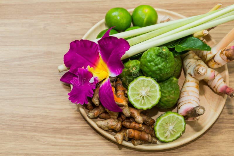Thai Ingredient Use As Spa Ingredients Setting on Wood Plate Stock ...