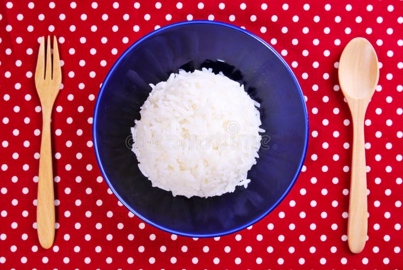 Thai Jasmine Cooked Rice on Blue Plate Stock Image - Image of healthy ...