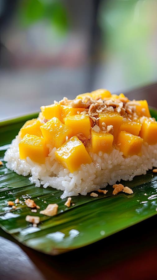 Thai Mango Sticky Rice on Banana Leaf. Stock Image - Image of thailand ...