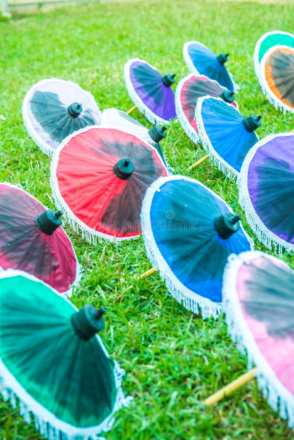 Thai Native Umbrella on Grass Stock Photo - Image of borsang ...
