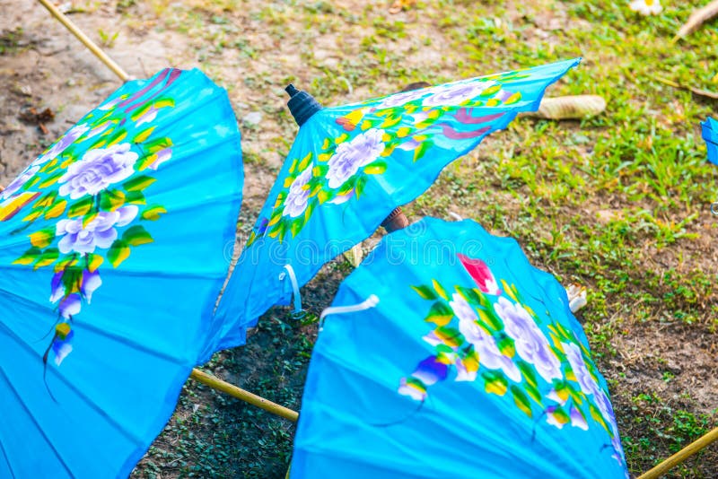 Thai Native Umbrella on Ground Stock Photo - Image of bright, decorated ...
