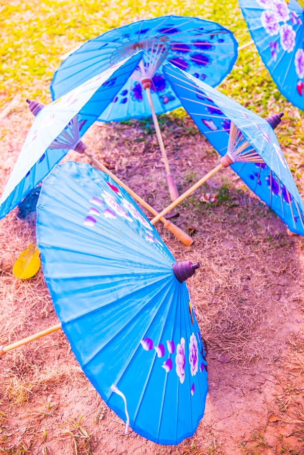 Thai Native Umbrella on Ground Stock Image - Image of decorated ...