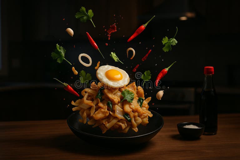 Thai Noodle Explosion in Dark Kitchen Stock Image - Image of creative ...