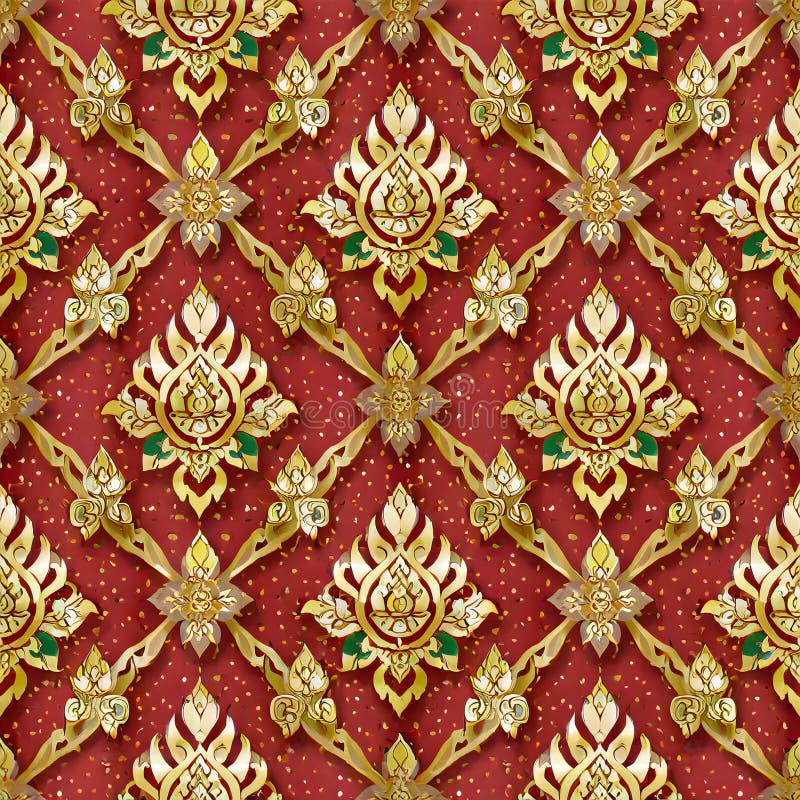 Thai Pattern Seamless, Red and Gold Stock Illustration - Illustration ...