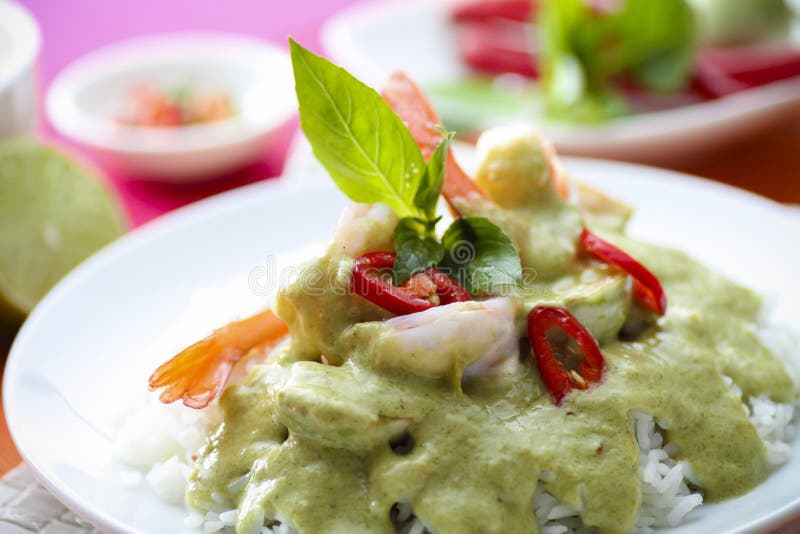 Thai Prawn Green Curry Over Rice. Stock Photo - Image of chili, macro ...