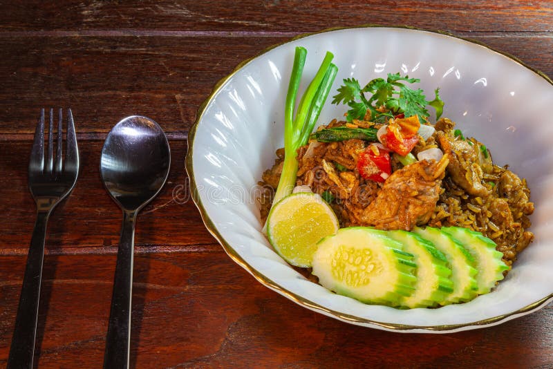 Thai Railway Fried Rice on a White Plate Stock Photo - Image of sauce ...