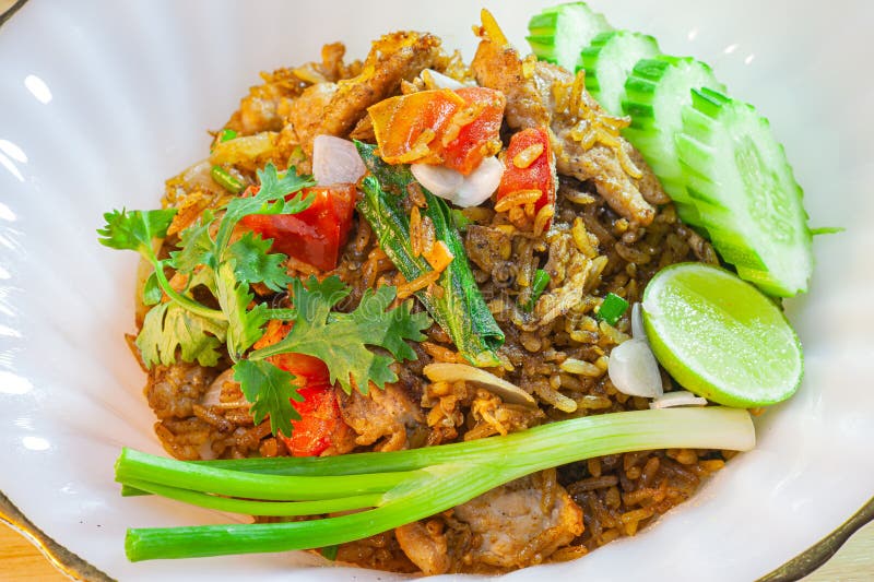 Thai Railway Fried Rice on a White Plate Stock Photo - Image of ...