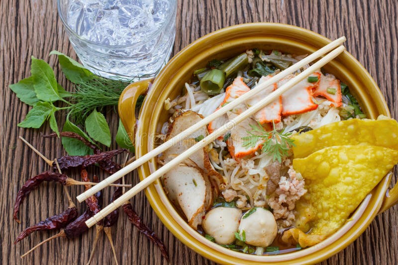 Thai Ramen Noodle on Wooden Table Stock Image - Image of meat, noodle ...