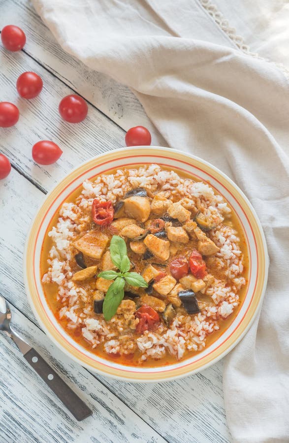 Thai Red Chicken Curry with White Rice Stock Image - Image of green ...
