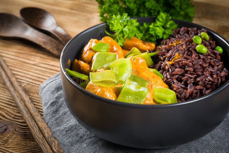 Thai Red Curry with Chicken and Black Rice Stock Image - Image of ...