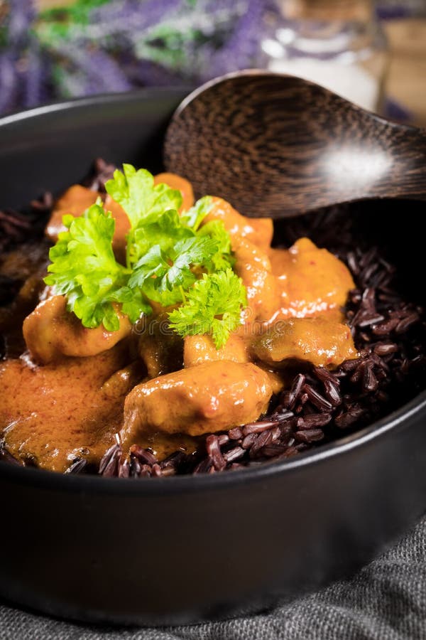 Thai Red Curry with Chicken and Black Rice Stock Photo - Image of ...