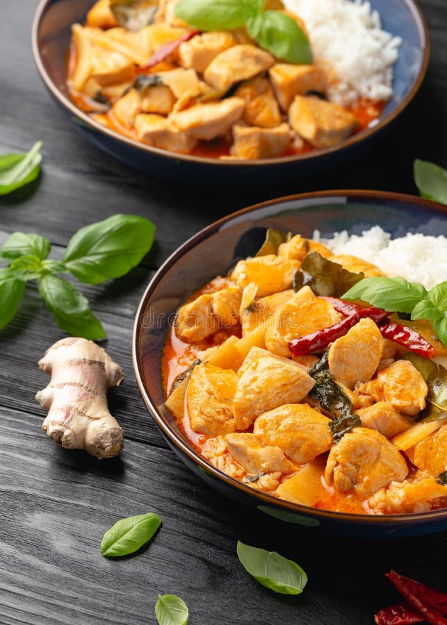 Thai Red Curry with Chicken, Vegetables and Rice Stock Photo - Image of ...