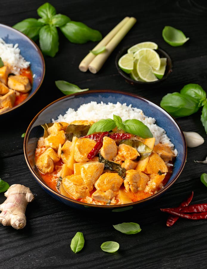 Thai Red Curry with Chicken, Vegetables and Rice Stock Image - Image of ...