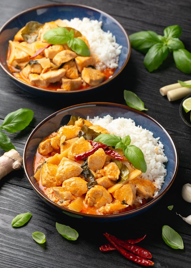 Thai Red Curry with Chicken, Vegetables and Rice Stock Photo - Image of ...
