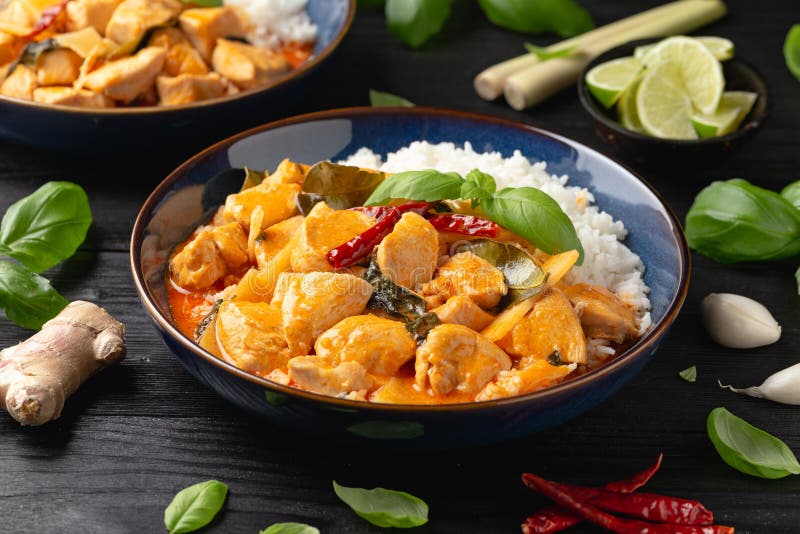 Thai Red Curry with Chicken, Vegetables and Rice Stock Image - Image of ...