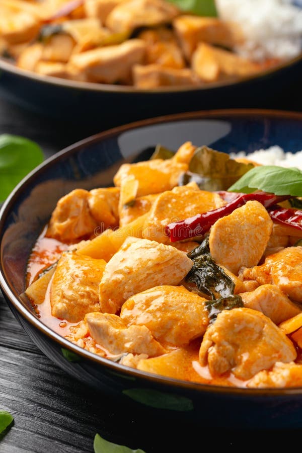 Thai Red Curry with Chicken, Vegetables and Rice Stock Photo - Image of ...