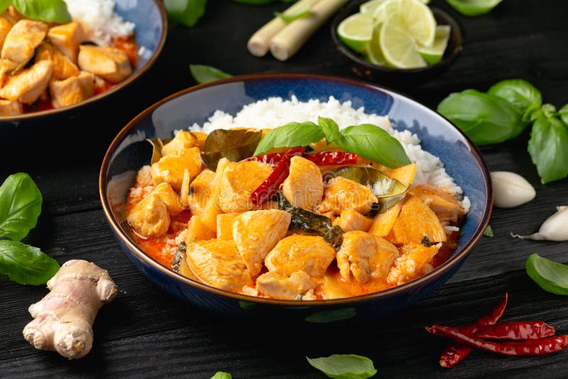 Thai Red Curry with Chicken, Vegetables and Rice Stock Image - Image of ...