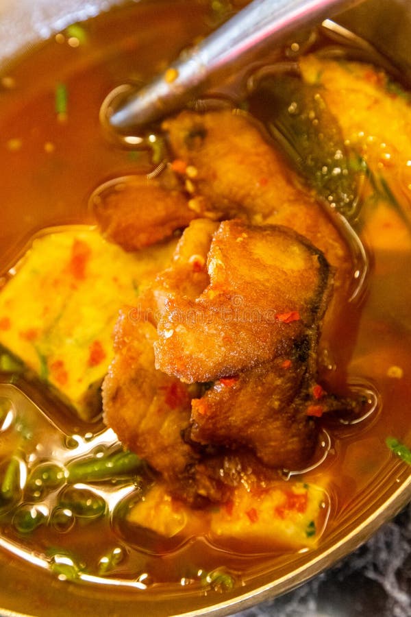 Thai Sour Curry Soup with Vegetable Omelet and Fried Fish Stock Photo ...