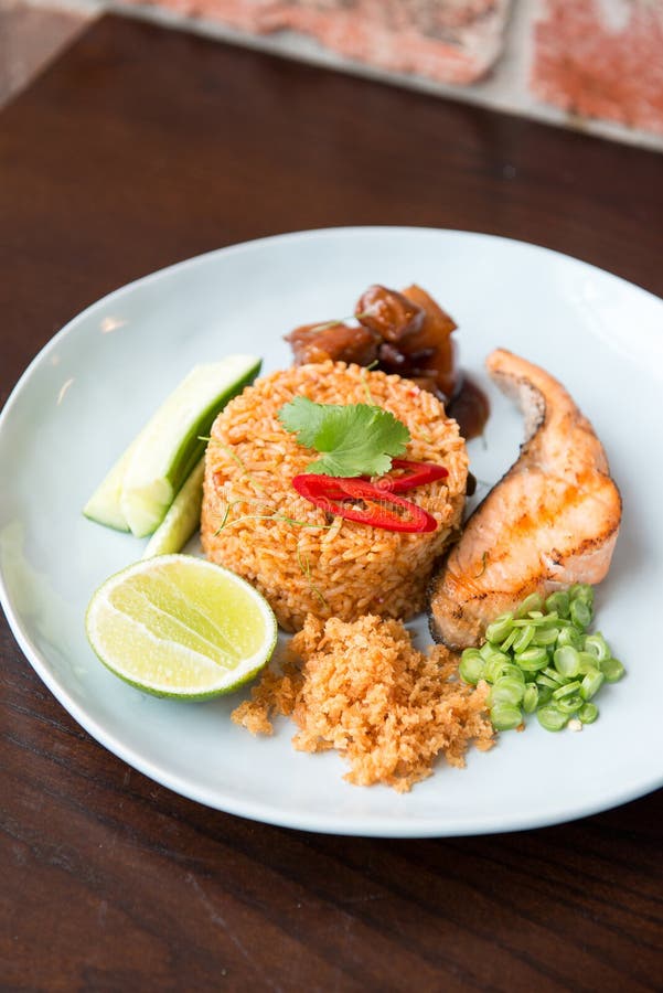 Thai Spicy Fried Rice with Salmon. Stock Image - Image of lime, chicken ...