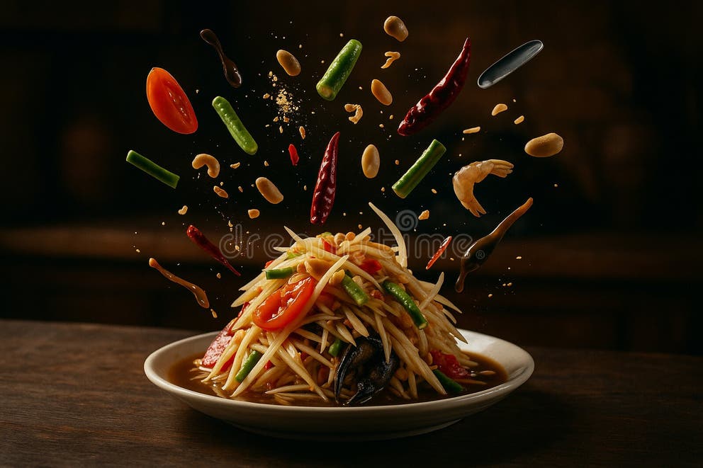 Thai Spicy Papaya Salad with Fermented Fish Stock Photo - Image of ...