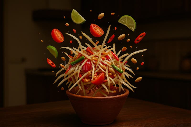 Thai Spicy Papaya Salad Ingredients Explosion Stock Image - Image of ...